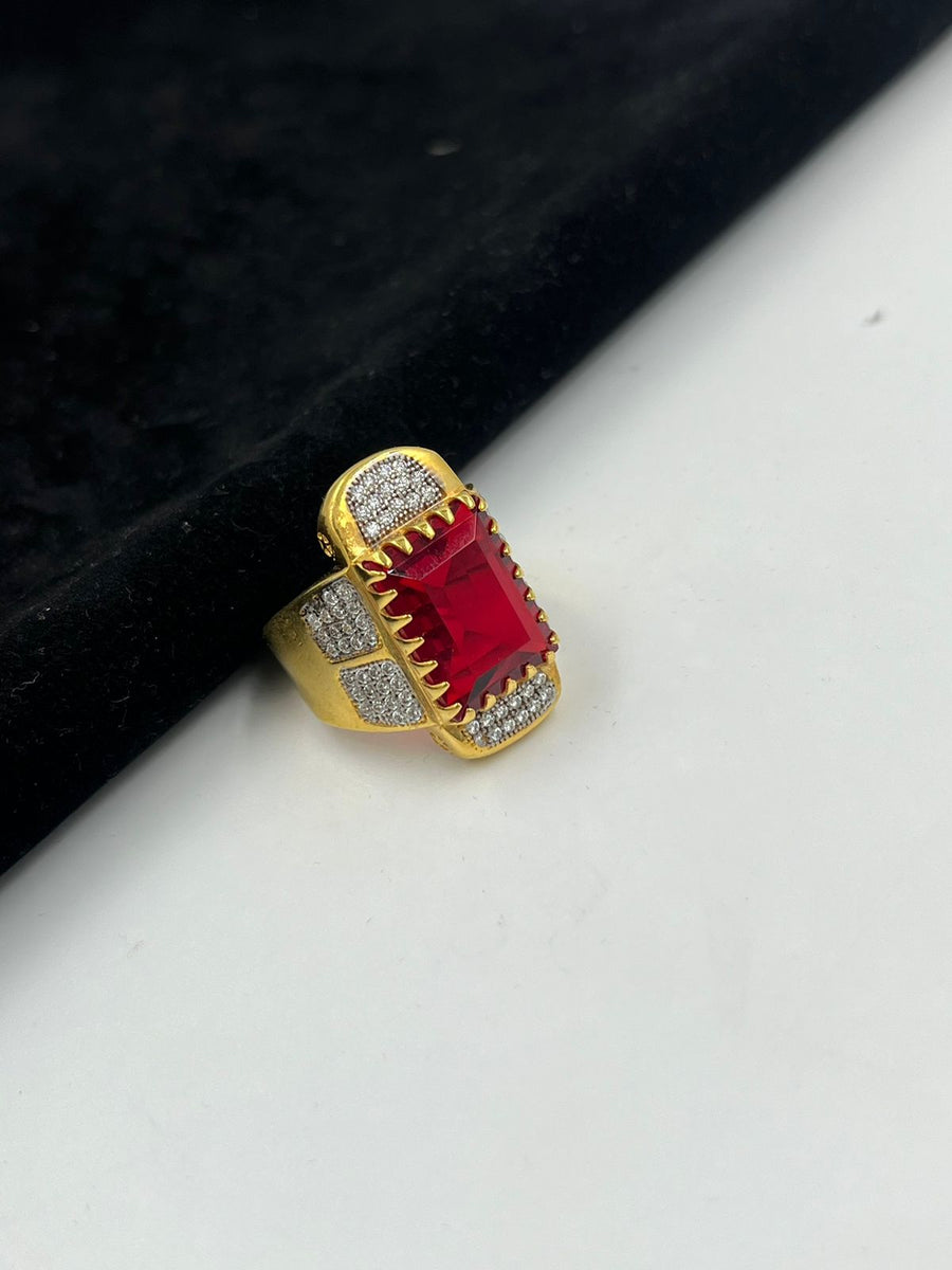 1 GRAM GOLD PLATED RED DIAMOND STONE RING FOR MEN DESIGN A-957 – Radhe ...