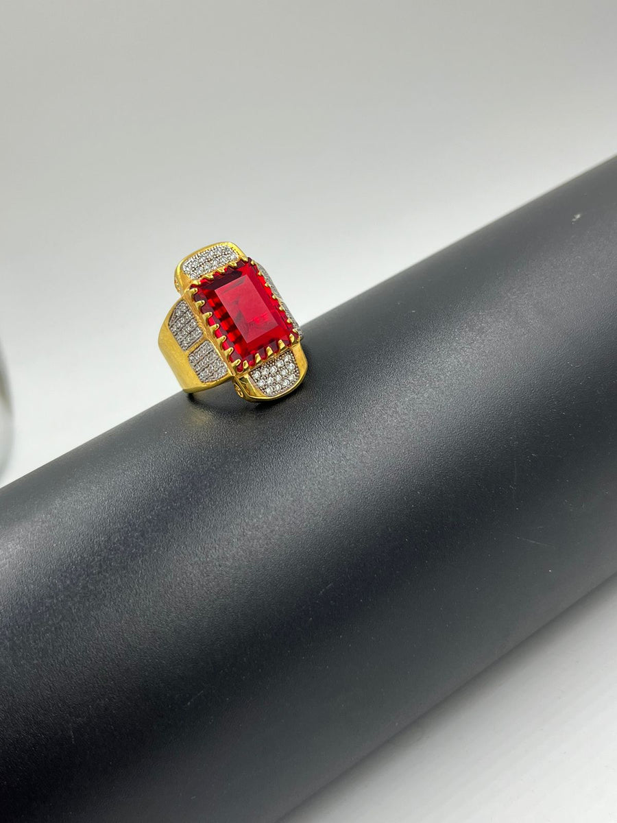 1 GRAM GOLD PLATED RED DIAMOND STONE RING FOR MEN DESIGN A-957 – Radhe ...